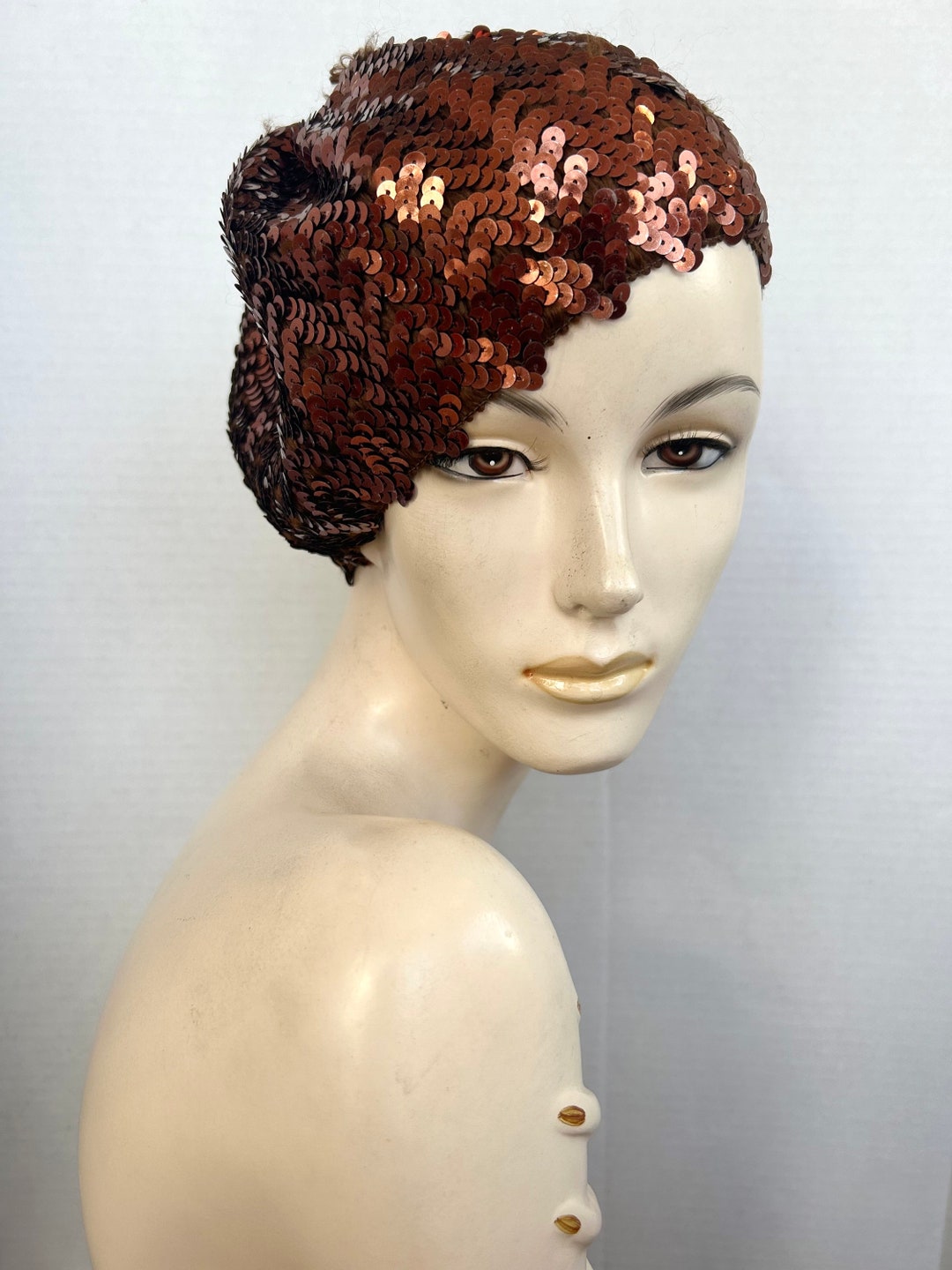 Vintage 70s Copper Sequin Beret Mod Retro Disco Hat Brown Palliate Crochet Beret - Etsy
