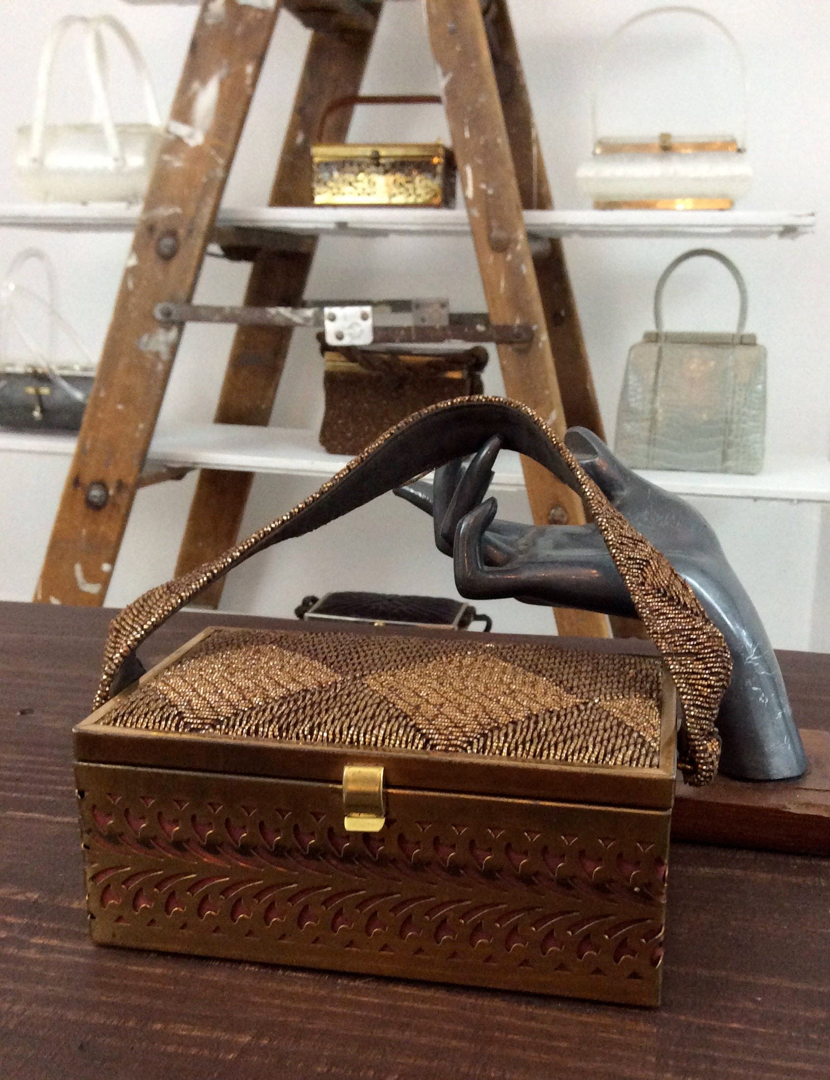 Vintage Cognac Beaded and Detailed Brass Metal Frame Box Bag/vintage ...