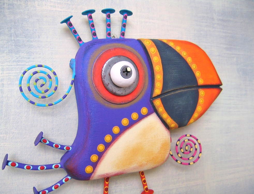 Bird Wall Art, MADE to ORDER, 'purple Puffin', Handcrafted Found Object ...