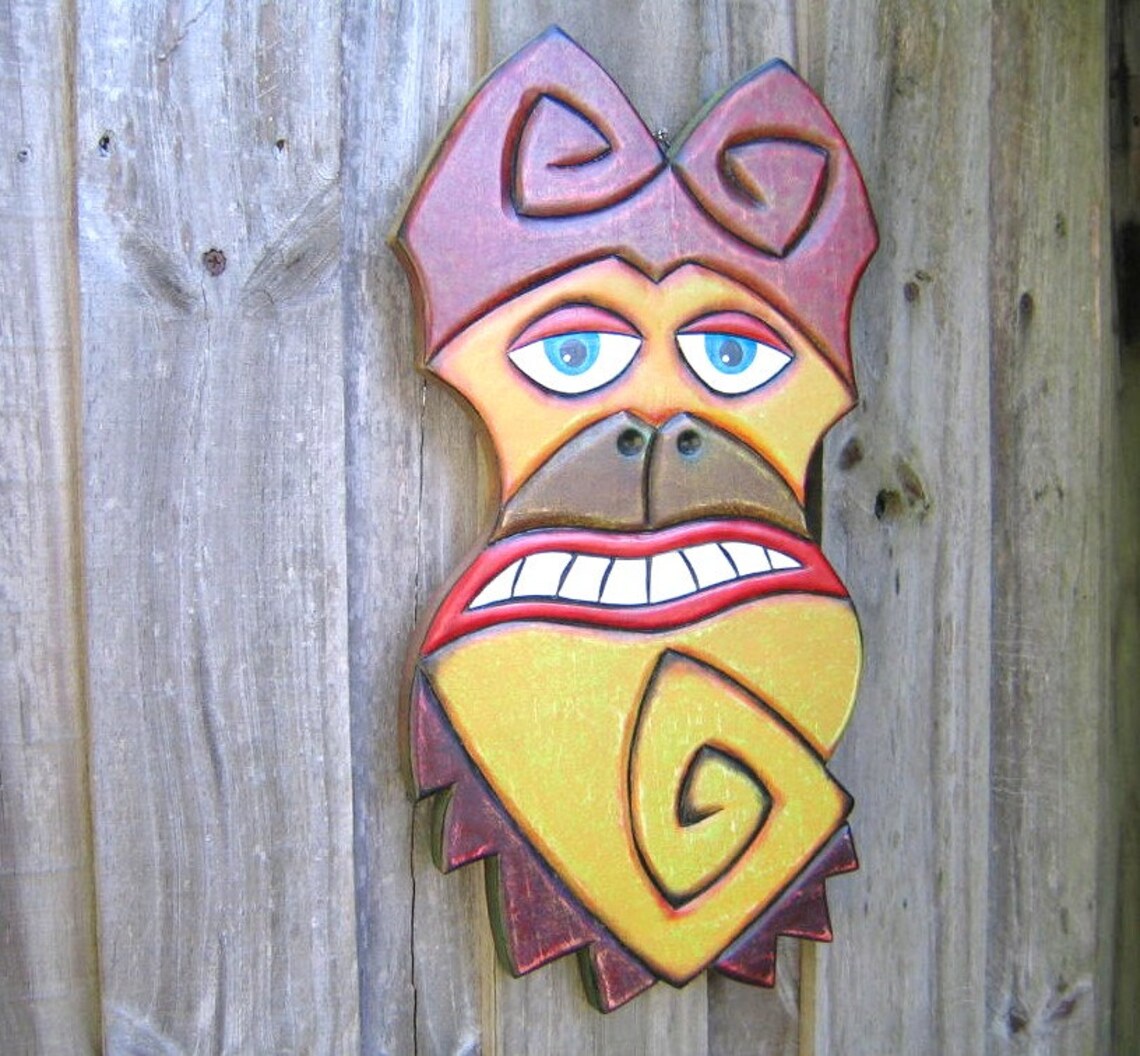 Funky Monkey, Original Wood Carving, Painted Carving, Whimsical Wall ...