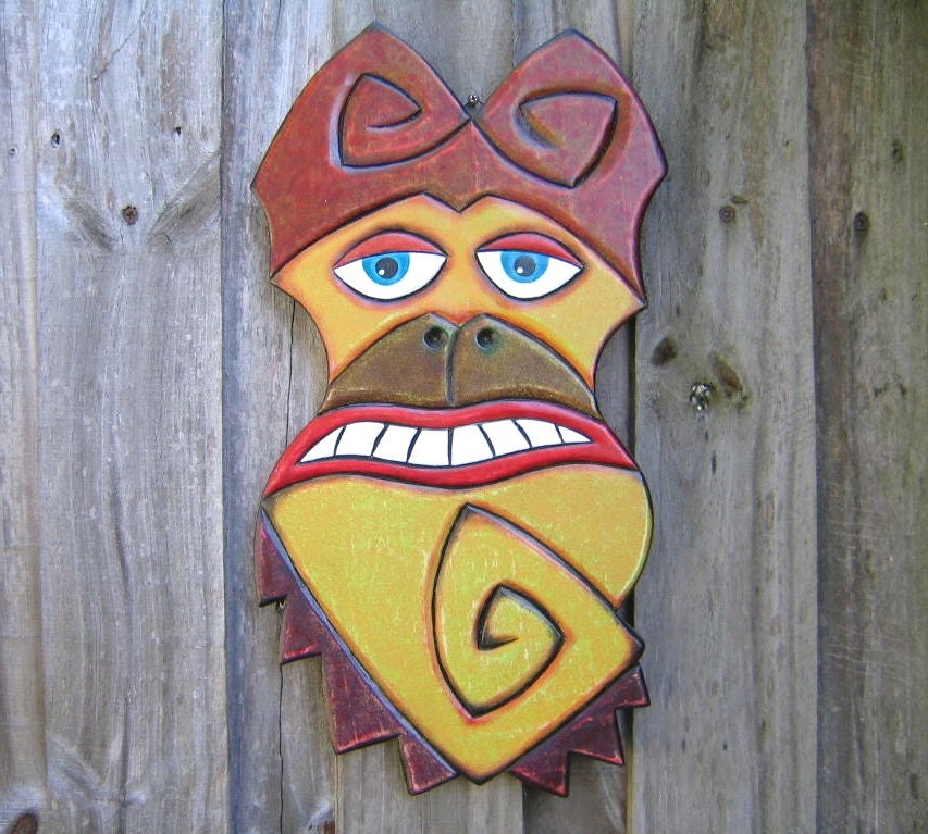 Funky Monkey, Original Wood Carving, Painted Carving, Whimsical Wall ...