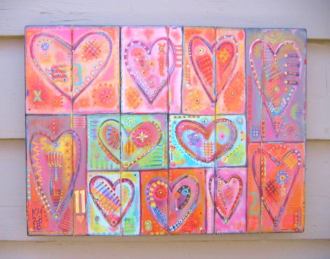 Original Acrylic Painting on Wood, 'eleven Hearts', Heart Wall Art ...
