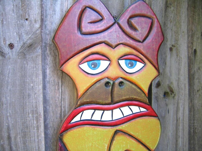 Funky Monkey, Original Wood Carving, Painted Carving, Whimsical Wall ...