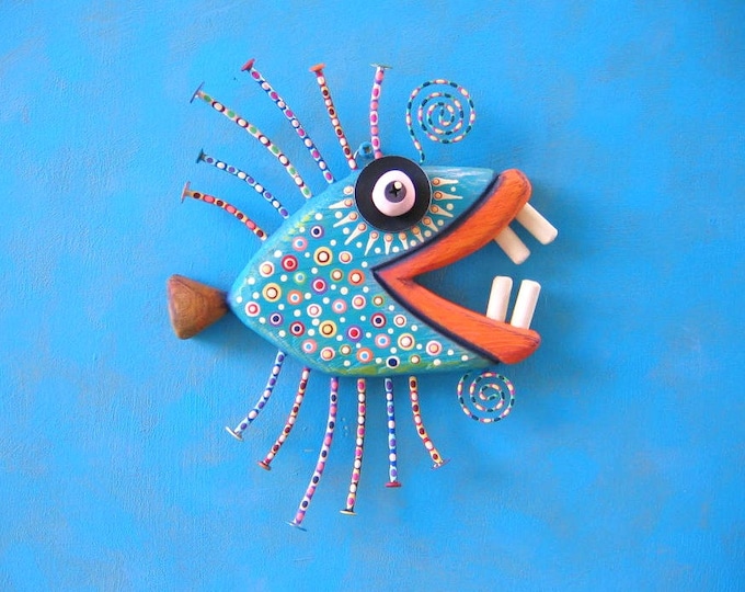 Blue Piranha, Original Found Object Wall Sculpture, Wood Carving, Wall ...
