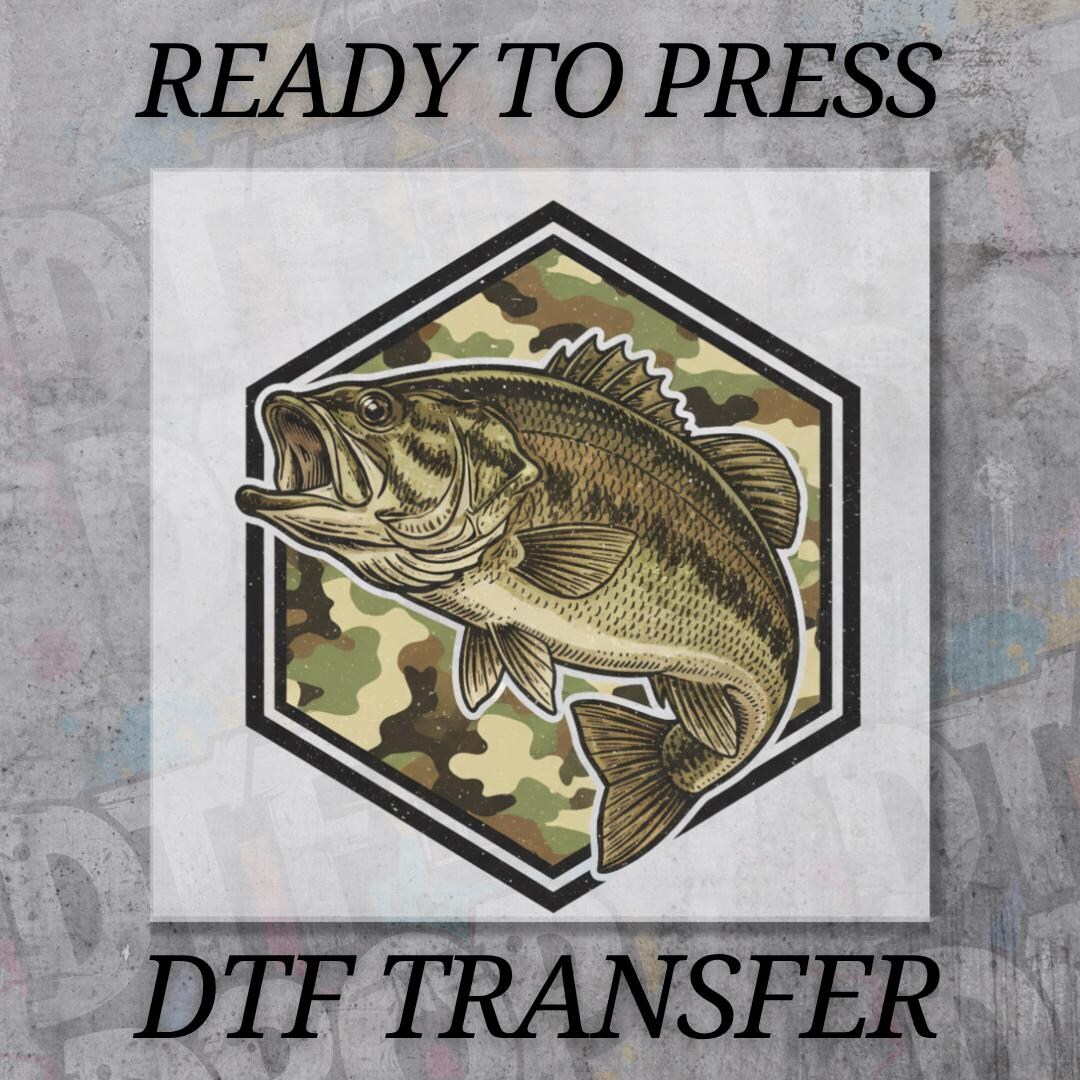 Camo Bass Fish DTF Transfer, Camouflage Hunting Design, Patriotic Retro ...