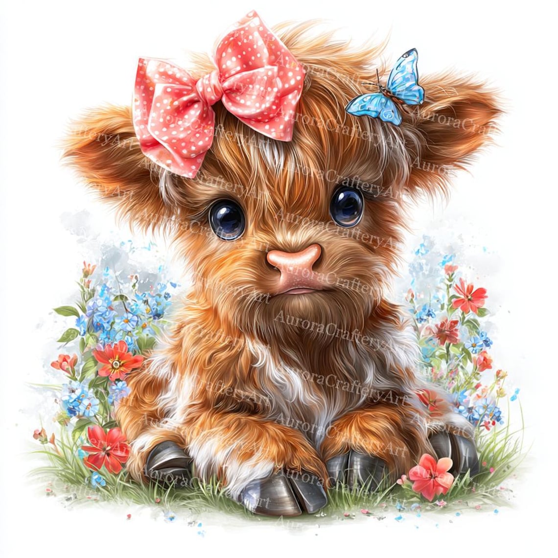 23 Baby Girl Highland Cow With Bow and Flowers Clipart, Farm Cow ...
