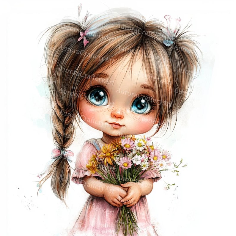 14 Cute Little Girl in Pink Dress Clipart, Whimsical Girl, Printable ...