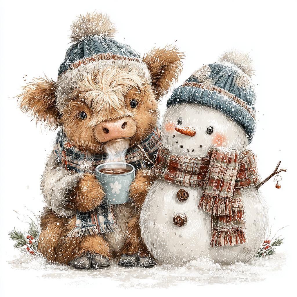 11 Highland Cow With Snowman Clipart, Christmas Clipart, Hot Cocoa ...