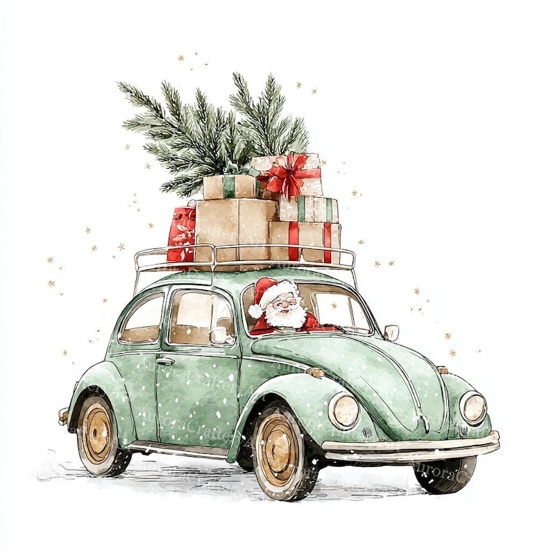 28 Christmas Car Clipart, Vinrage Retro Car, Santa, Sublimation ...