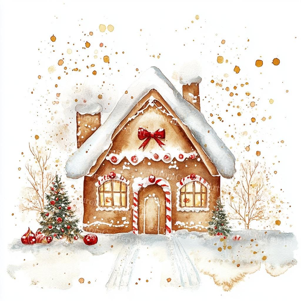 12 Gingerbread House Clipart, Gold Christmas, Watercolor Christmas Card ...