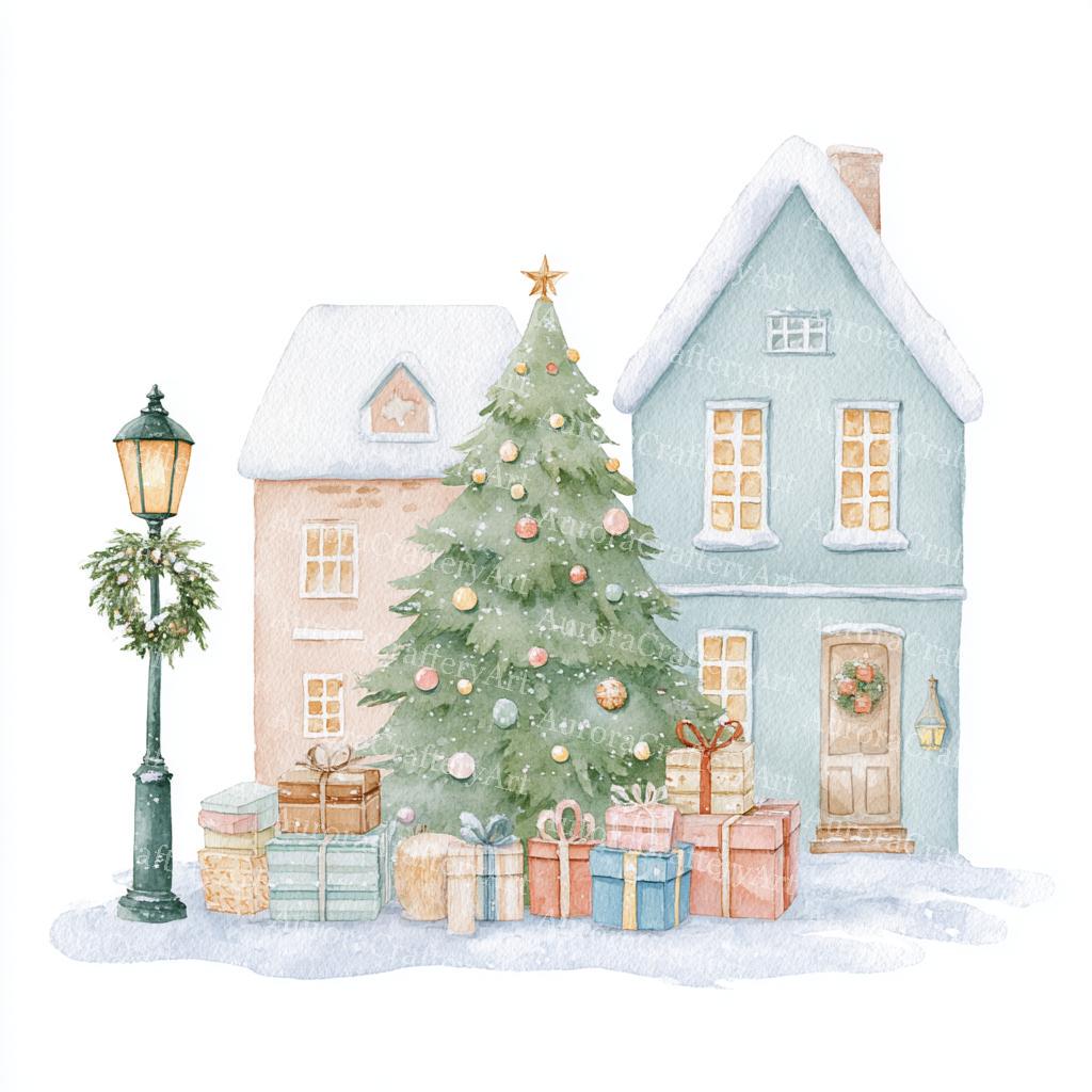 15 Winter Christmas House Clipart, Christmas Card Art, Printable ...