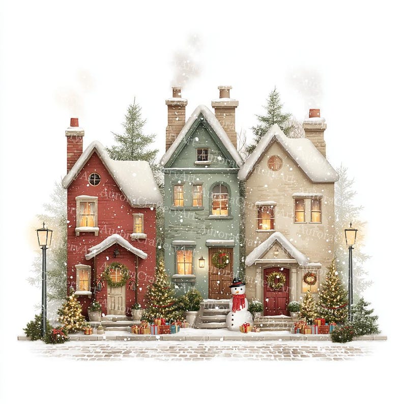 15 Christmas Village Clipart, Printable Watercolor, High-resolution ...