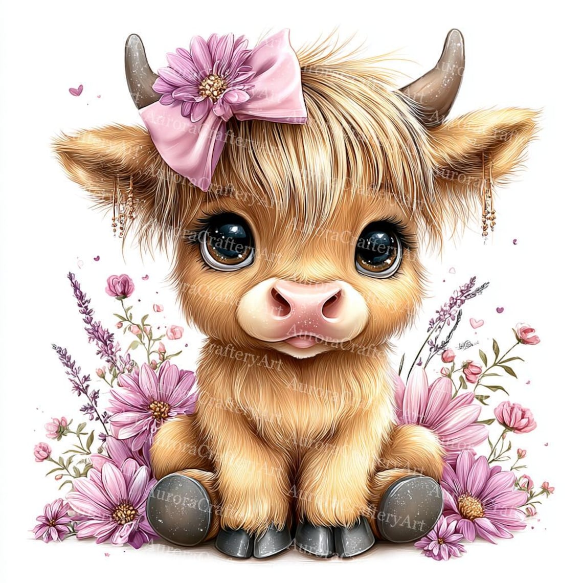 13 Baby Girl Highland Cow Clipart, Pink Floral Bow, Sublimation Design ...