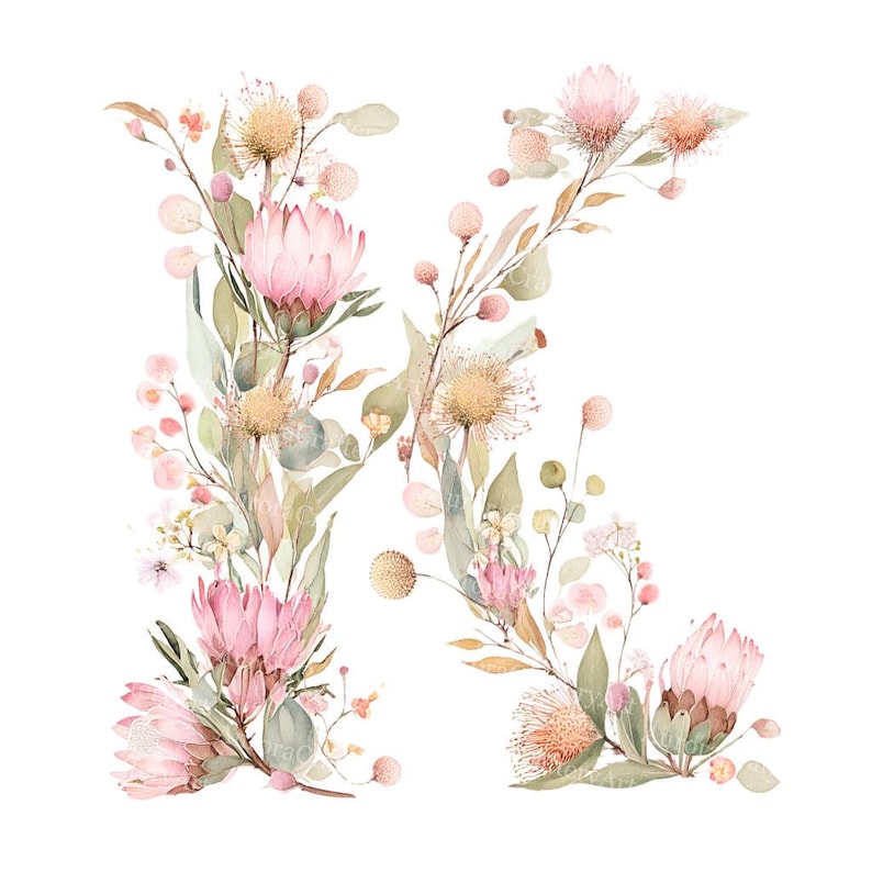 26 Floral Alphabet Clipart, Pink Alphabet Clipart, Watercolor Floral ...