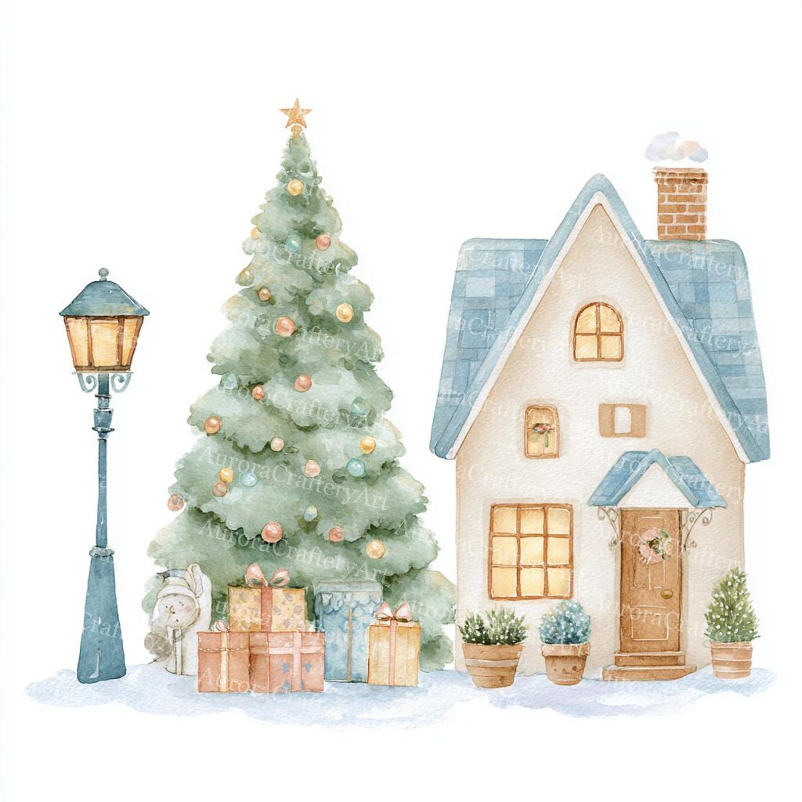 15 Winter Christmas House Clipart, Christmas Card Art, Printable ...