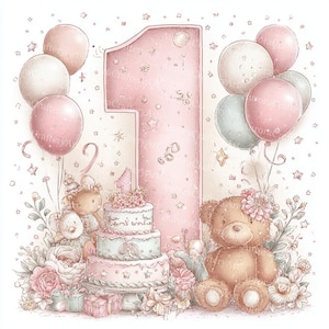16 Baby's First Birthday Clipart: Watercolor Invitation Graphics, 1st ...