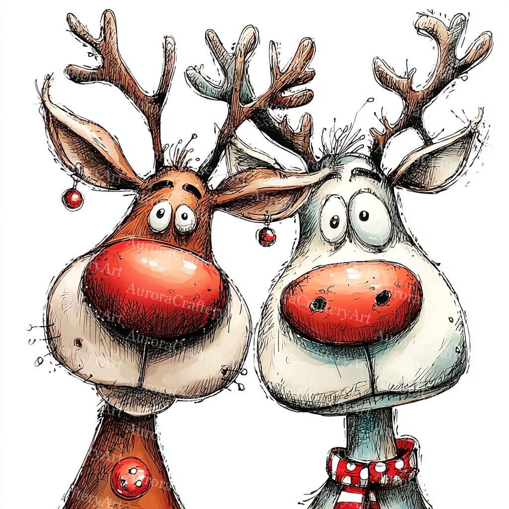 32 Quirky Christmas Reindeer Clipart: Funny Festive JPG, Watercolor ...