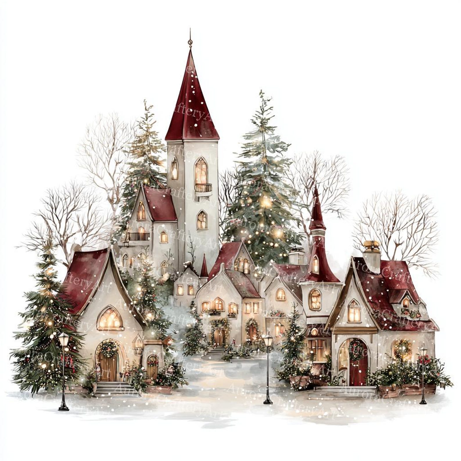14 Xmas Forest Village Clipart, Woodland Christmas, Christmas Card Art ...
