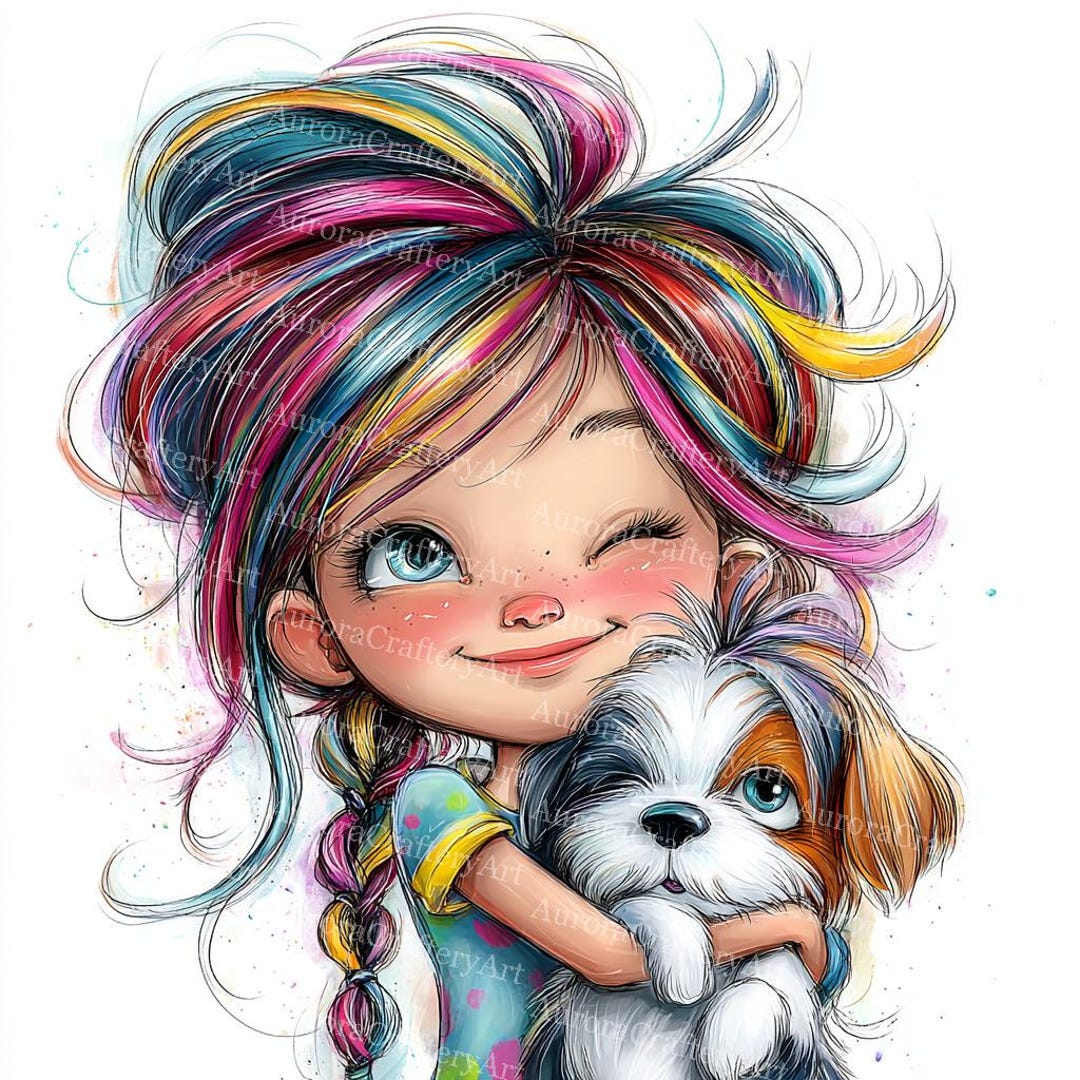 20 Quirky Girl With Puppy Clipart, Dog Lover Gift, Cute Baby Girl ...