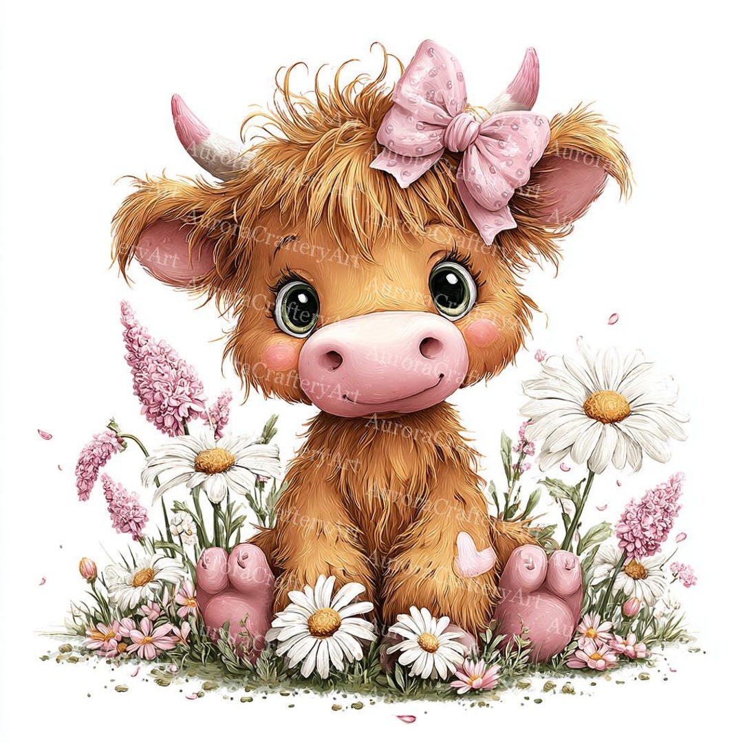 13 Baby Girl Highland Cow Clipart, Pink Floral Bow, Sublimation Design ...