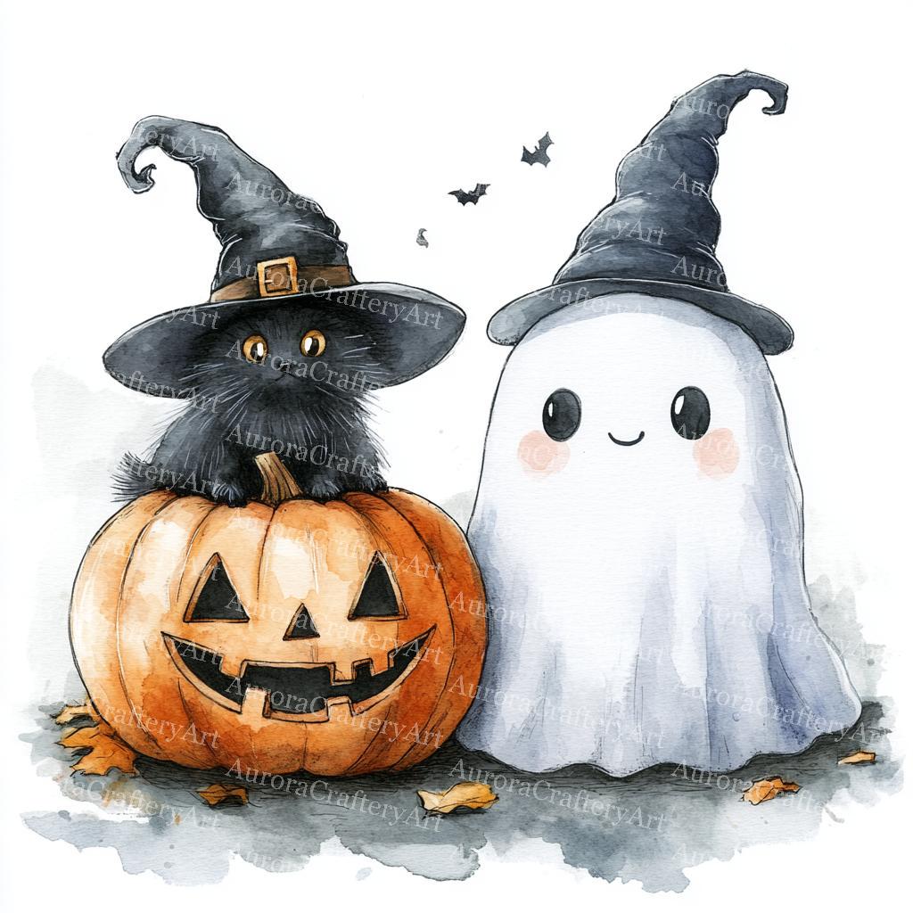 20 Ghost and Black Cat Clipart, Cute Halloween Clipart, Pumpkin ...