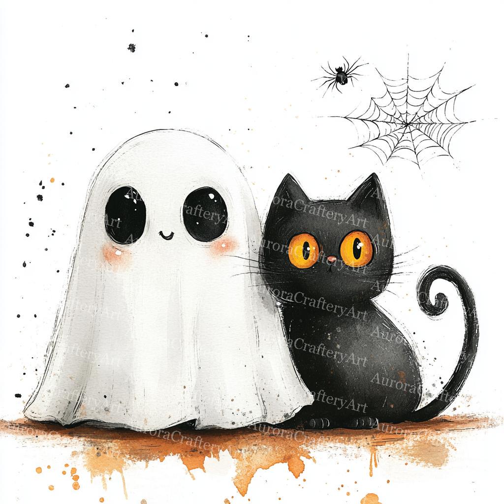 20 Ghost and Black Cat Clipart, Cute Halloween Clipart, Pumpkin ...