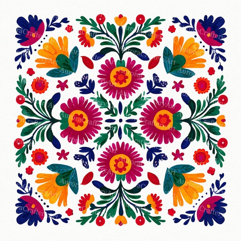 24 Mexican Fiesta Flowers Clipart, Vibrant Watercolor Otomi Floral ...