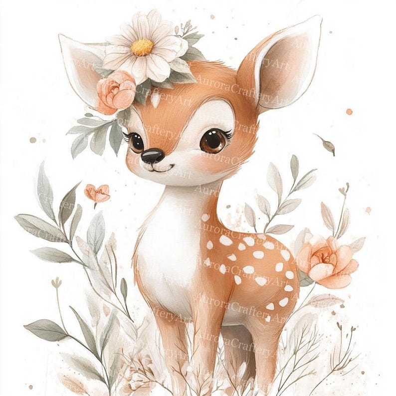 35 Watercolor Deer Clipart: Fawn With Flowers, Nursery Art (JPG Digital ...