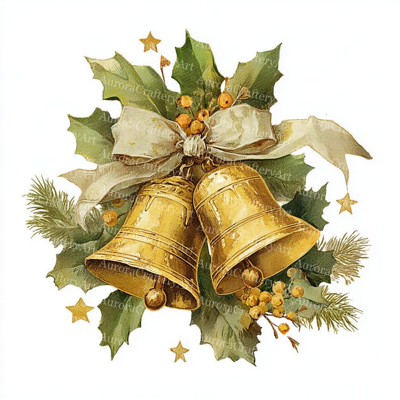 16 Christmas Bell Clipart: Golden Watercolor Jingle Bells (digital ...