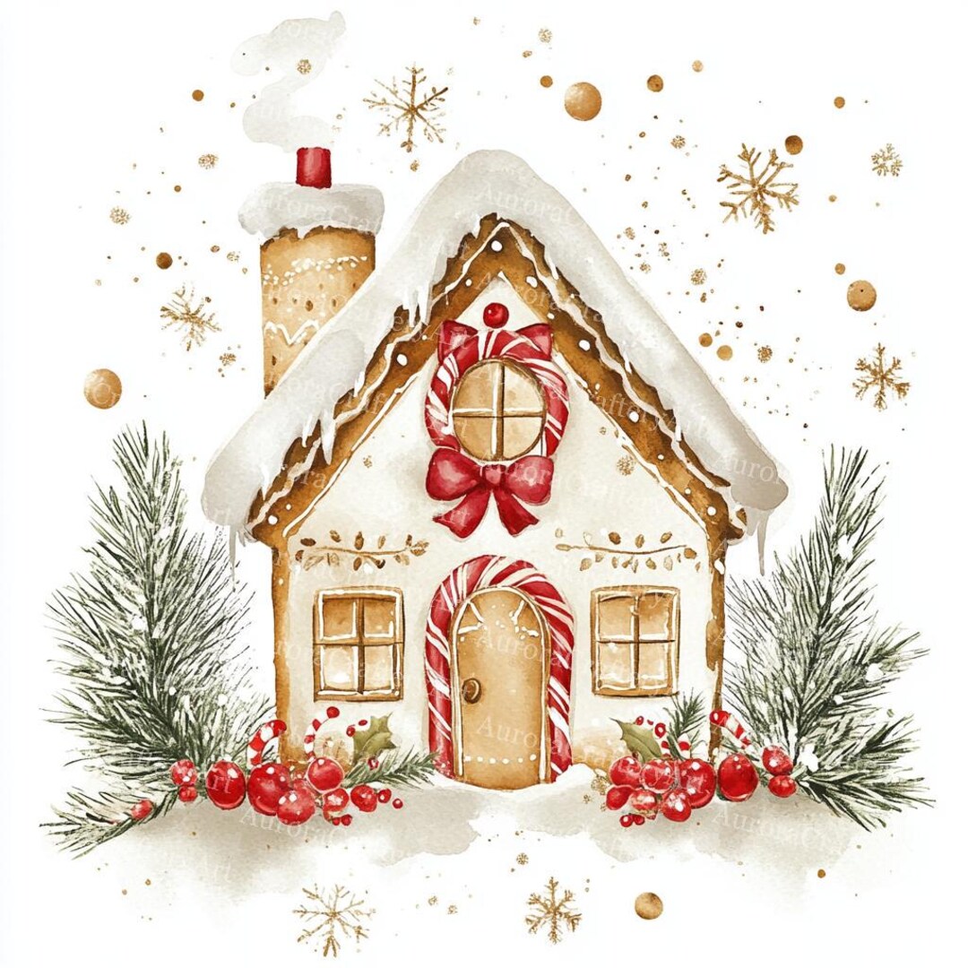 12 Gingerbread House Clipart, Gold Christmas, Watercolor Christmas Card ...