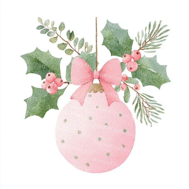 14 Xmas Pink Ornament Clipart, Christmas Card, Gold Xmas Bell ...