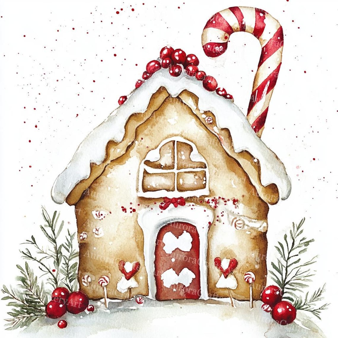 12 Gingerbread House Clipart, Gold Christmas, Watercolor Christmas Card ...