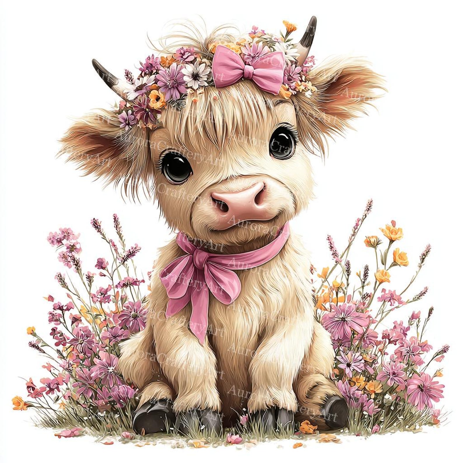 13 Baby Girl Highland Cow Clipart, Pink Floral Bow, Sublimation Design ...