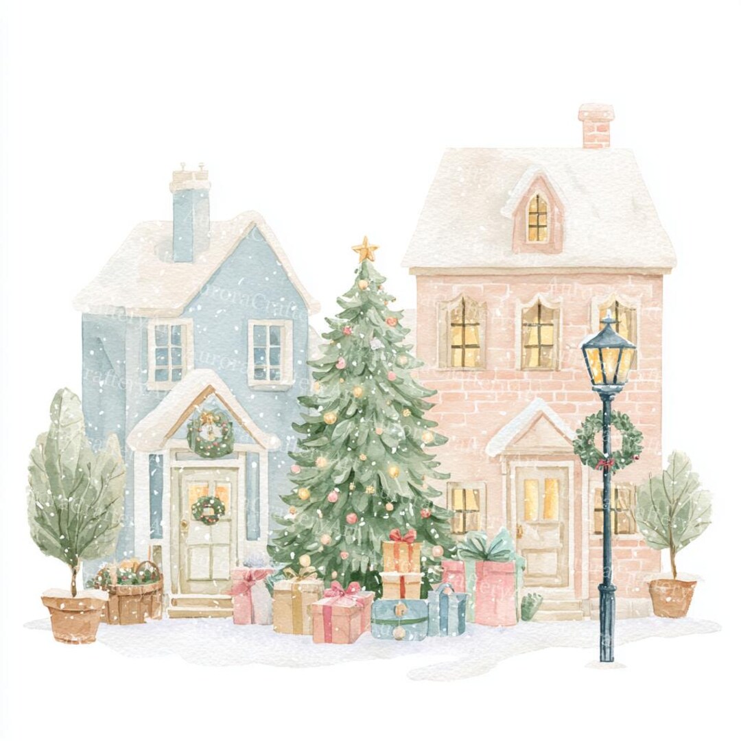 15 Winter Christmas House Clipart, Christmas Card Art, Printable ...