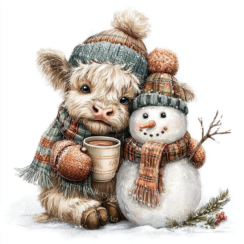 11 Highland Cow With Snowman Clipart, Christmas Clipart, Hot Cocoa ...