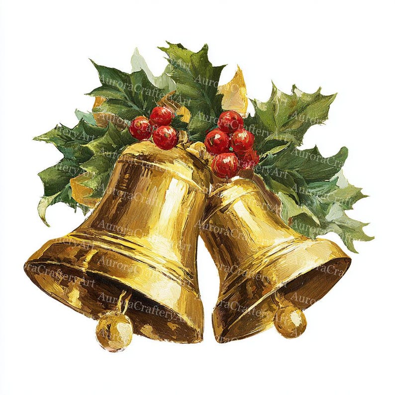 16 Christmas Bell Clipart: Golden Watercolor Jingle Bells (digital ...