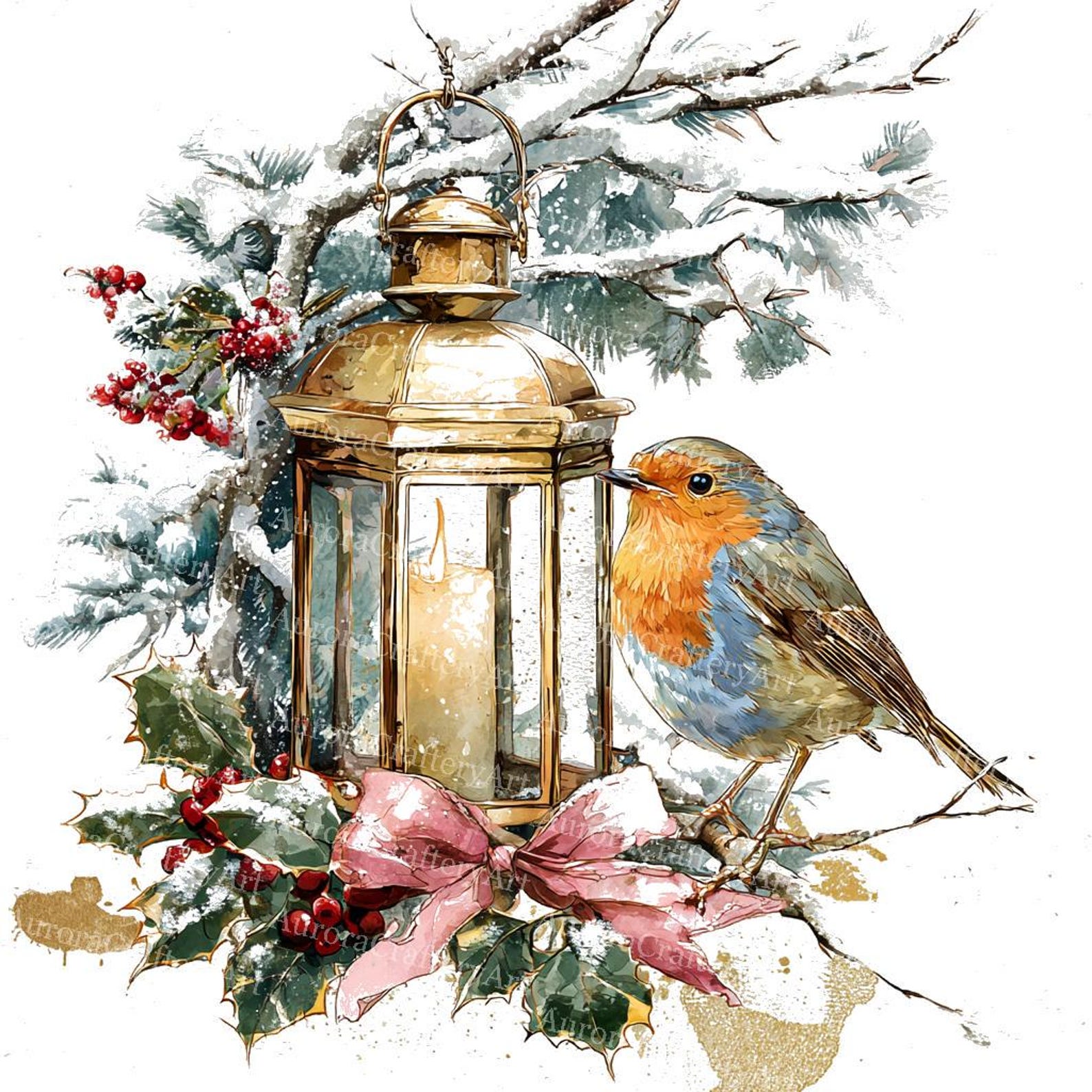 14 Robin and Lantern Clipart, Winter Festive, Christmas Card, Printable ...