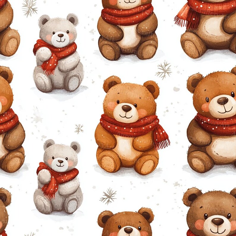 11 Christmas Teddy Bears Seamless Pattern, Teddy Bears, Printable ...