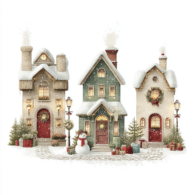 15 Christmas Village Clipart, Printable Watercolor, High-resolution ...