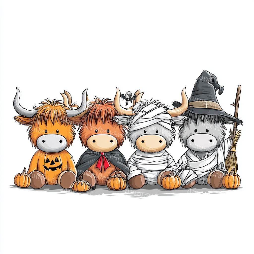 10 Highland Cow Retro Halloween Clipart, Autumn Fall Pumpkin Cow, Trick ...