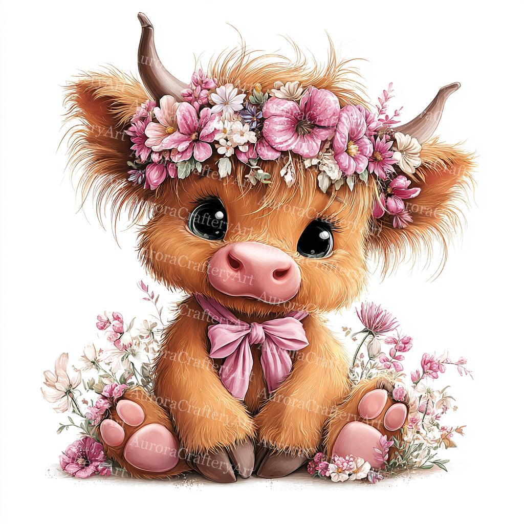 13 Baby Girl Highland Cow Clipart, Pink Floral Bow, Sublimation Design ...
