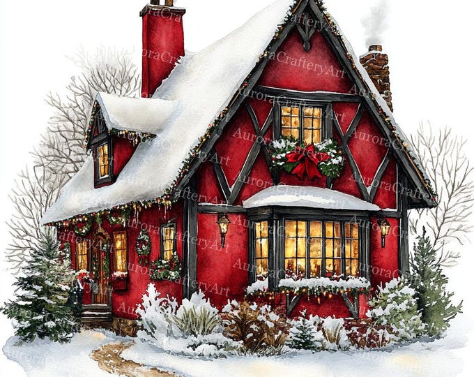 21 Christmas House Clipart, Christmas Card Art, Printable Watercolor ...