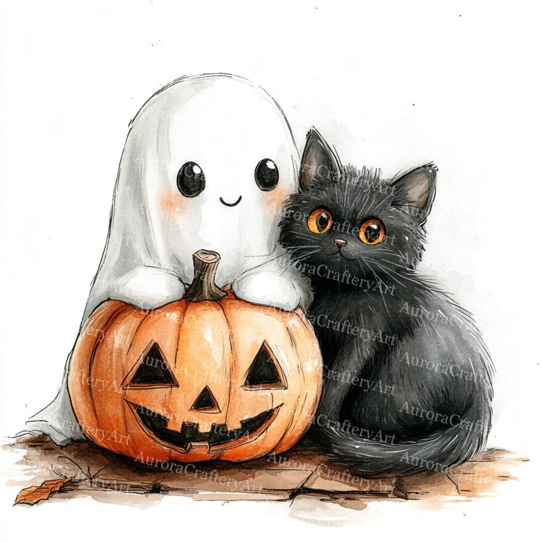 20 Ghost and Black Cat Clipart, Cute Halloween Clipart, Pumpkin ...
