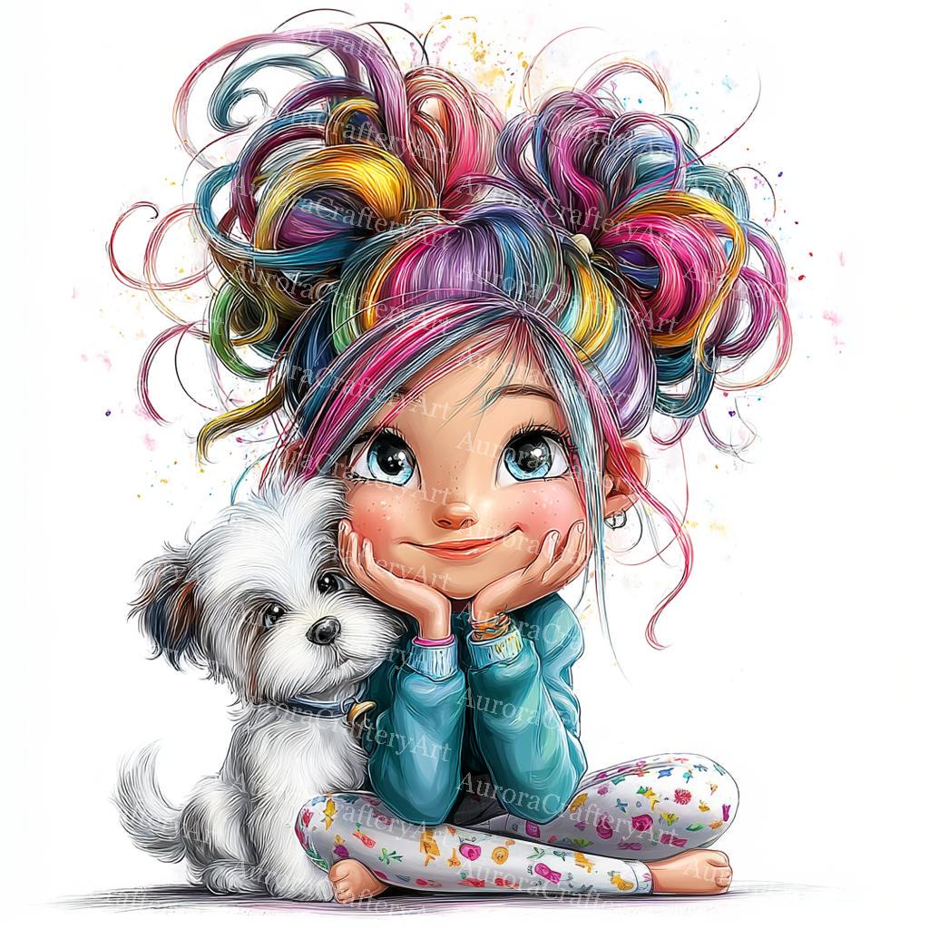 20 Quirky Girl With Puppy Clipart, Dog Lover Gift, Cute Baby Girl ...
