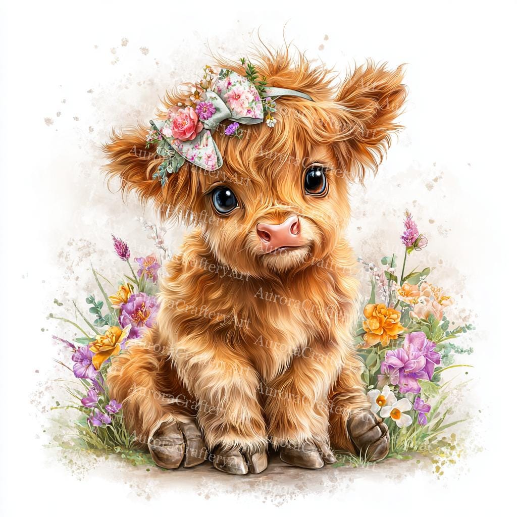 23 Baby Girl Highland Cow With Bow and Flowers Clipart, Farm Cow ...