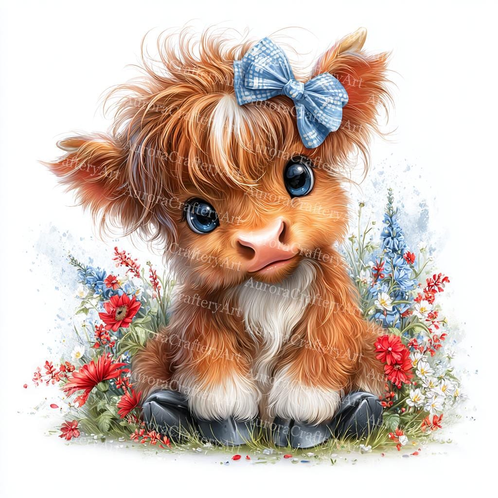 23 Baby Girl Highland Cow With Bow and Flowers Clipart, Farm Cow ...