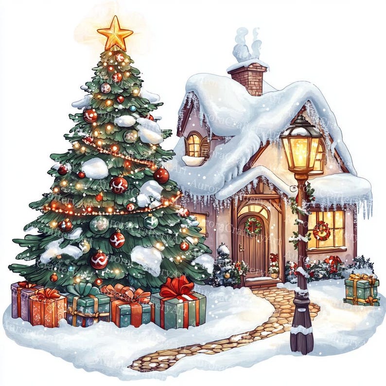 13 Winter Christmas Outdoor Scene Clipart, Christmas Card Art ...