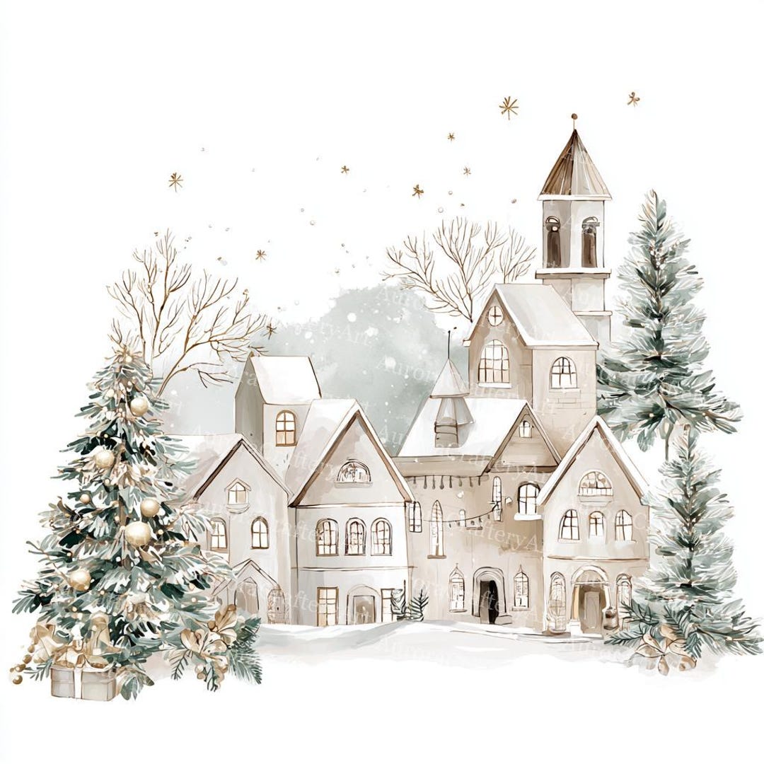 44 Christmas Beige Village Clipart, Cute Cottagecore Houses, Barn Xmas ...