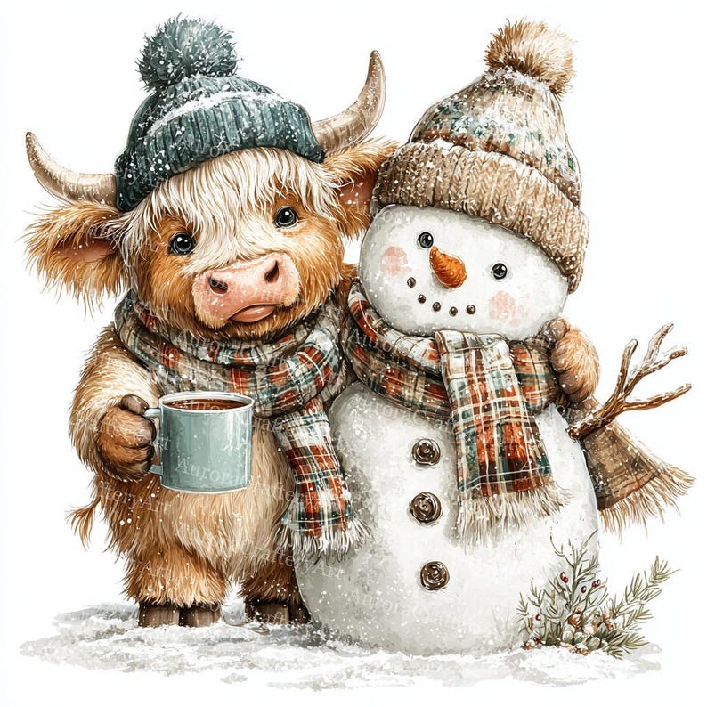 11 Highland Cow With Snowman Clipart, Christmas Clipart, Hot Cocoa ...