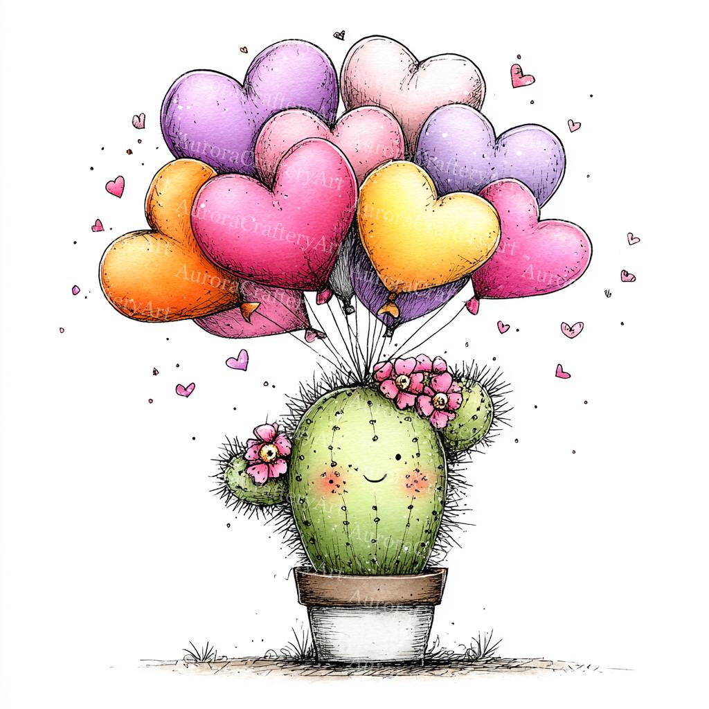 21 Whimsical Cactus Valentine Clipart, Cute Love Cactus Art, Hearts ...
